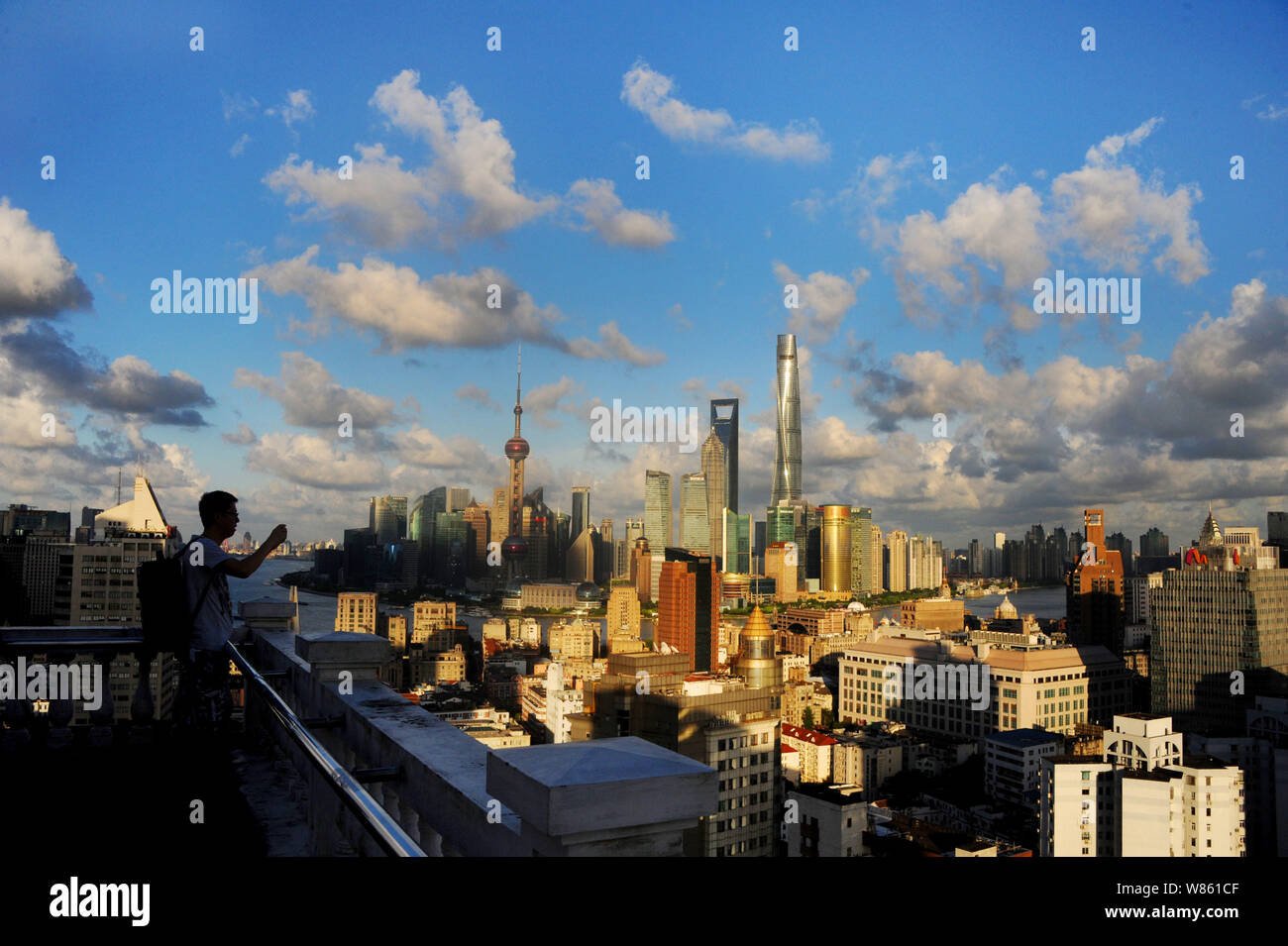 Skyline of Puxi, Huangpu River and the Lujiazui Financial District with ...