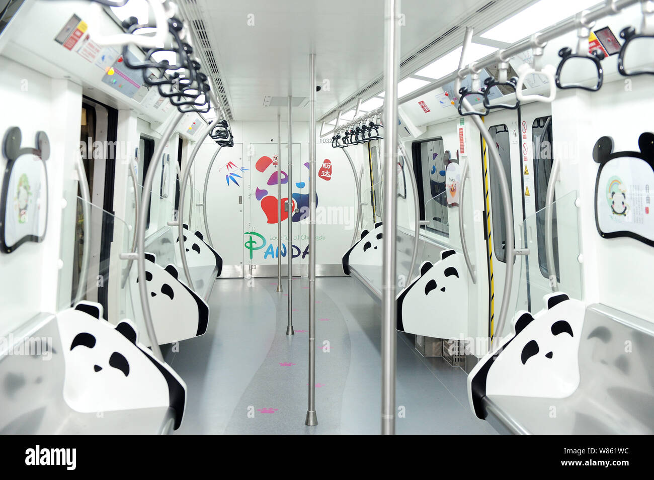 Interior view of a panda-themed subway train of subway Line 3 in ...