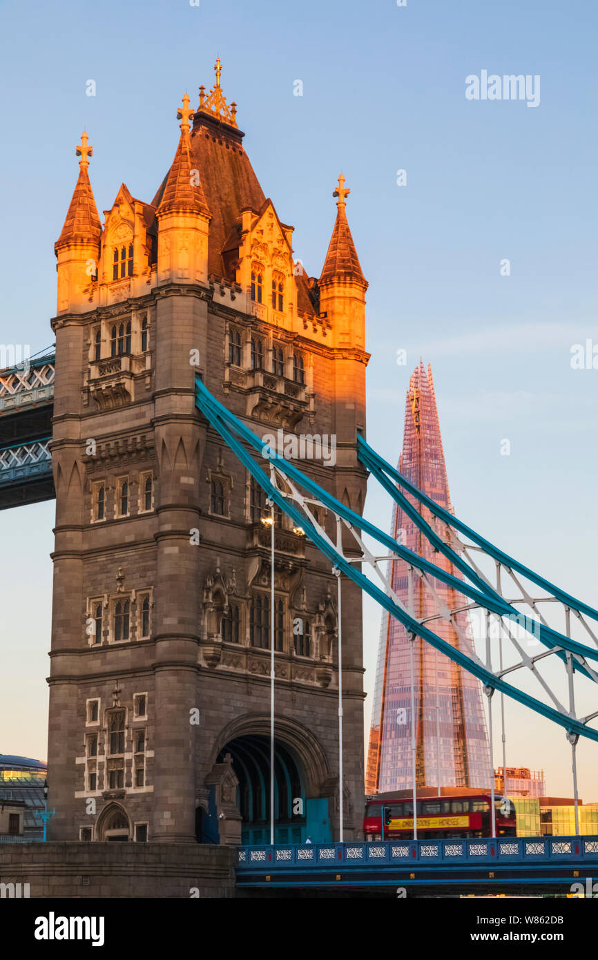 England, London, Tower Bridge with Red Double Decker Bus and The Shard ...