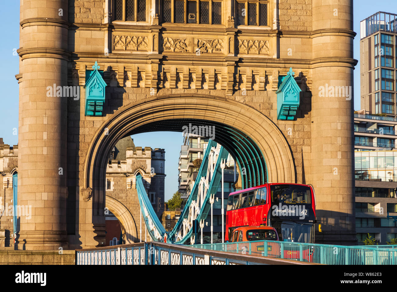 England, London, Tower Bridge with Red Double Decker Bus Stock Photo ...