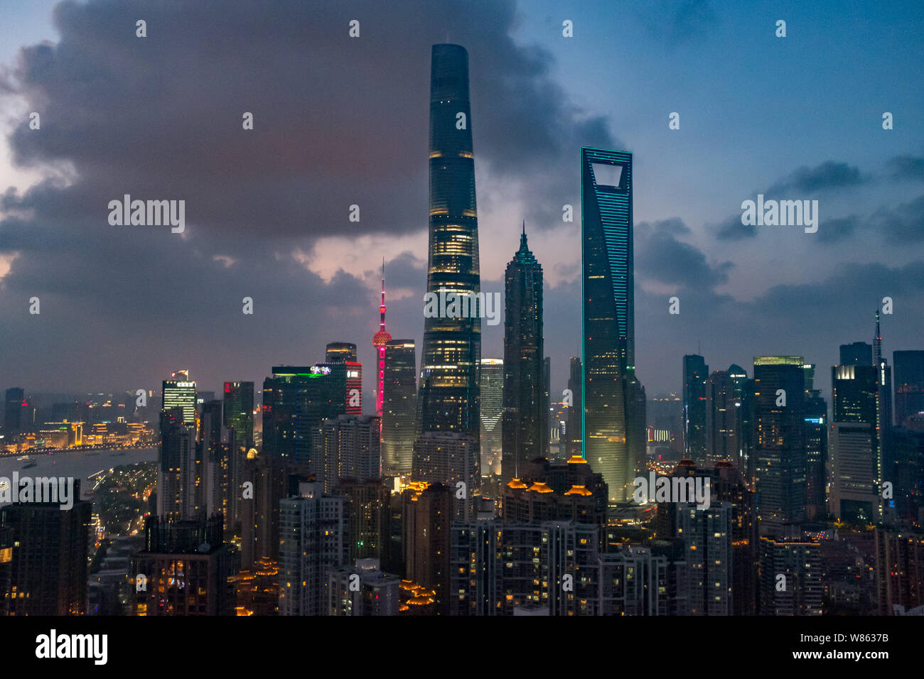 Night view of the Lujiazui Financial District with the Shanghai Tower ...