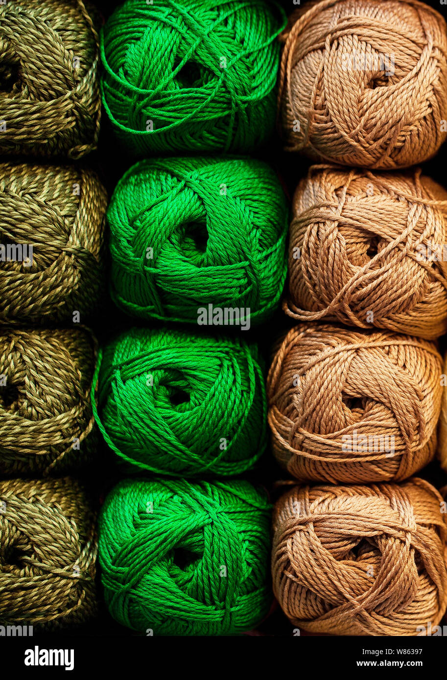 Colorful threads. Selection of colorful yarn wool on shopfront ...