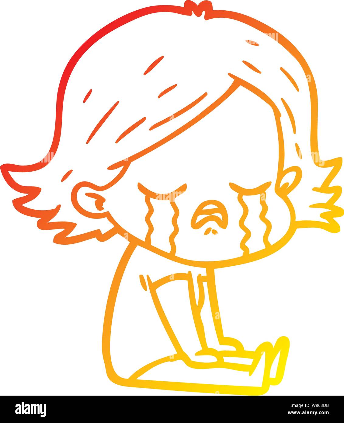 warm gradient line drawing of a cartoon girl crying sat on floor Stock ...