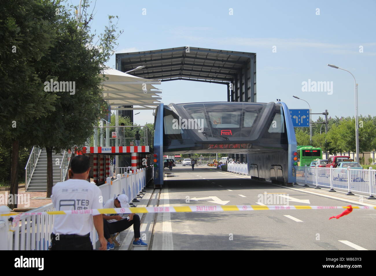 The Transit Elevated Bus (TEB) is pictured in a cordoned-off area on Fumin road in Qinhuangdao ...