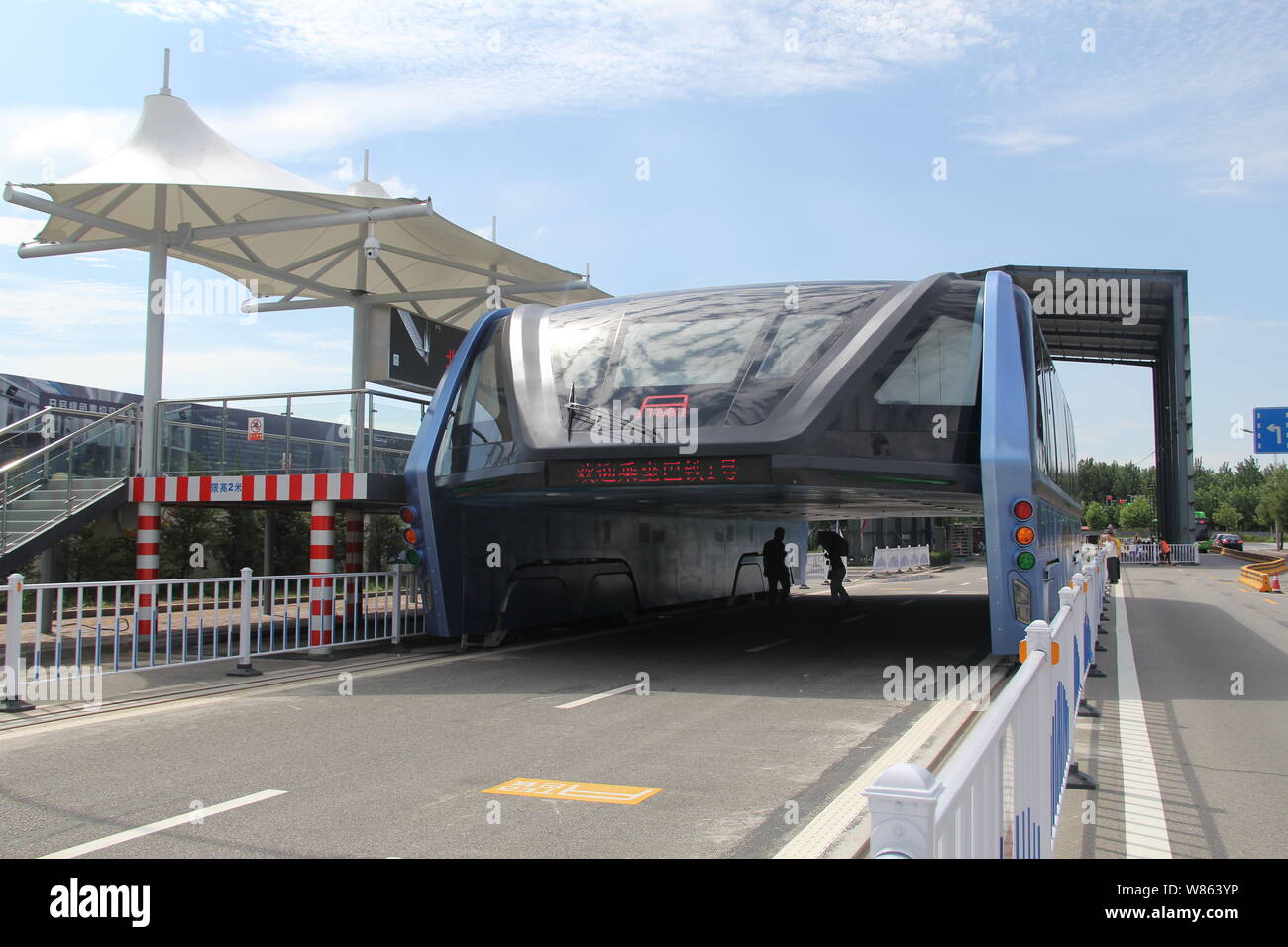 The Transit Elevated Bus (TEB) is pictured on Fumin road in Qinhuangdao ...