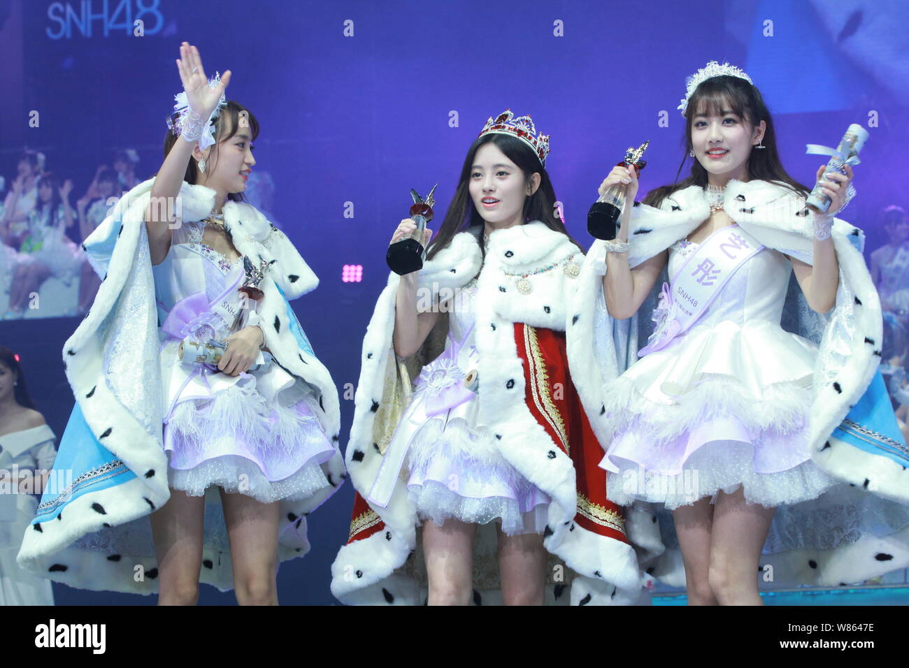 (From left) Second runner-up Huang Tingting, winner Ju Jingyi and first runner-up Li Yitong of ...