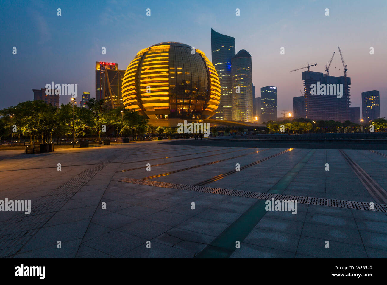Night view of the InterContinental Hotel Hangzhou, center, and other ...