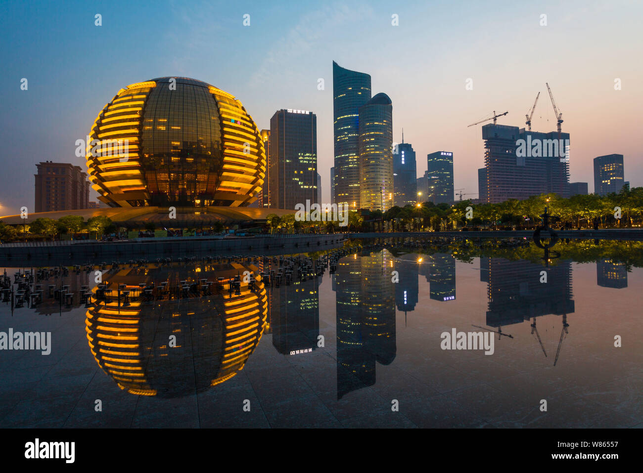 Night view of the InterContinental Hotel Hangzhou, left, and other ...