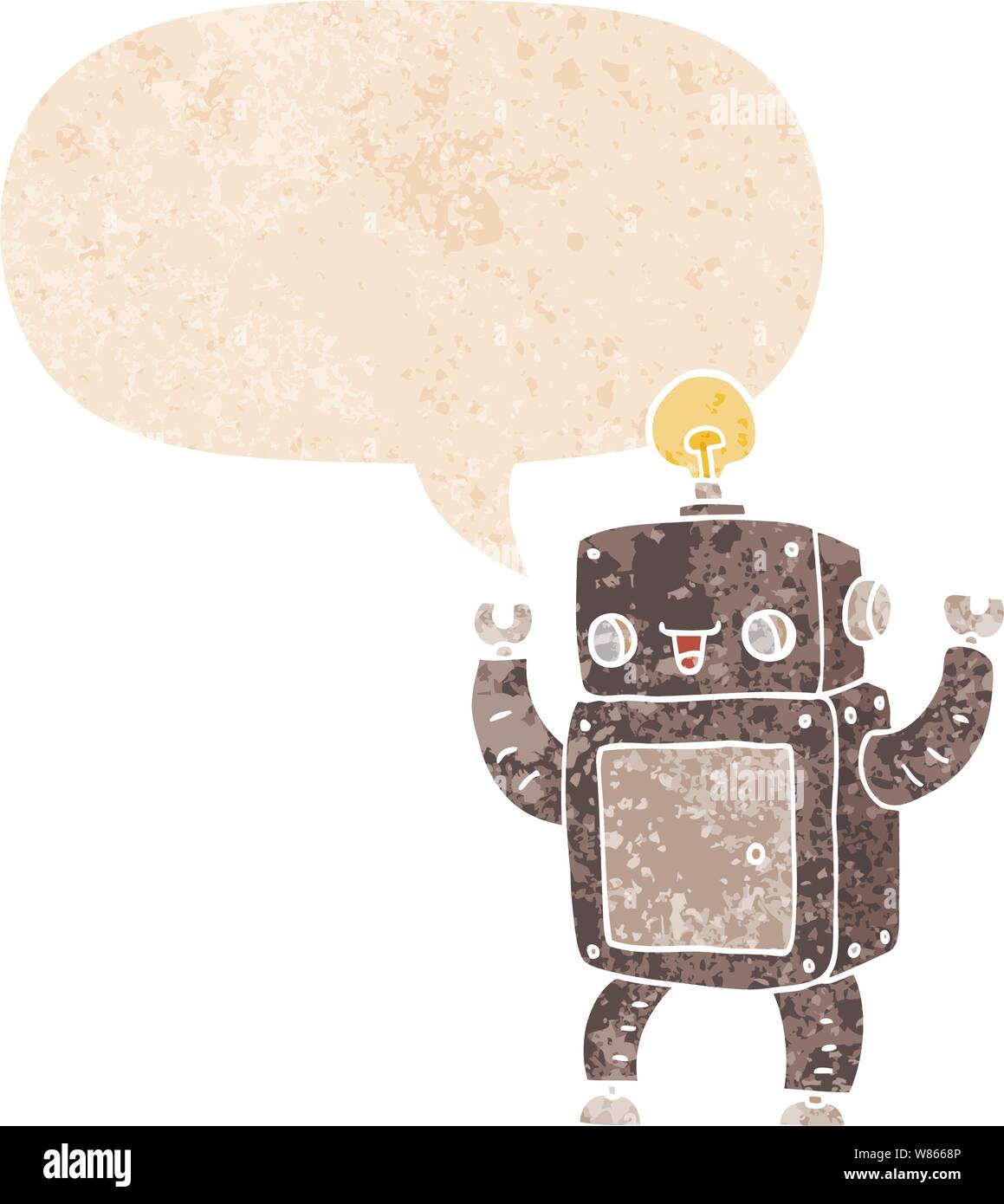 cartoon happy robot with speech bubble in grunge distressed retro ...