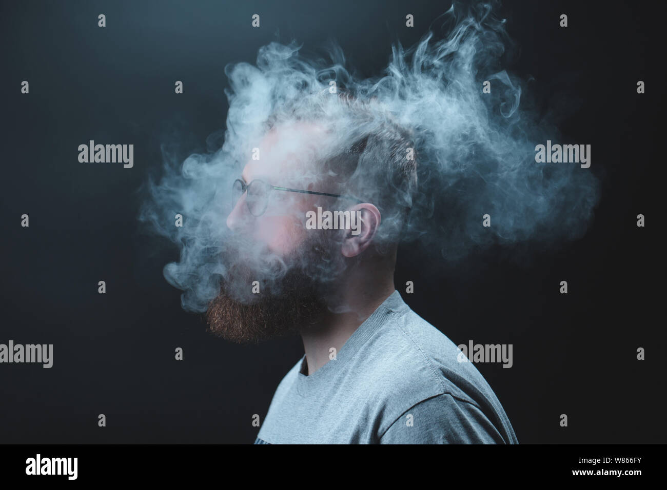 Concept. Smoke enveloped the head man. Portrait of a Bearded, stylish ...