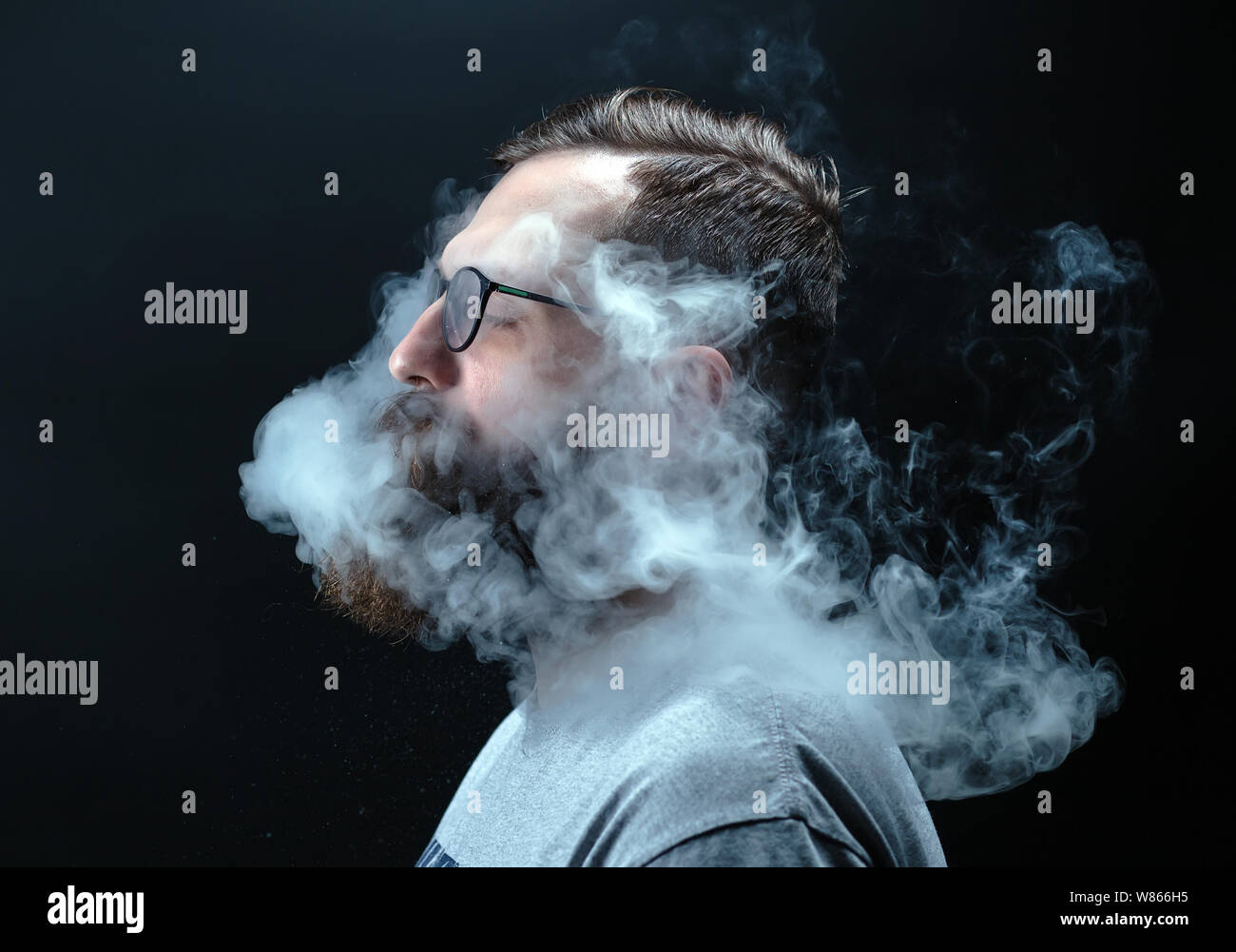 Concept. Smoke enveloped the head man. Portrait of a Bearded, stylish ...