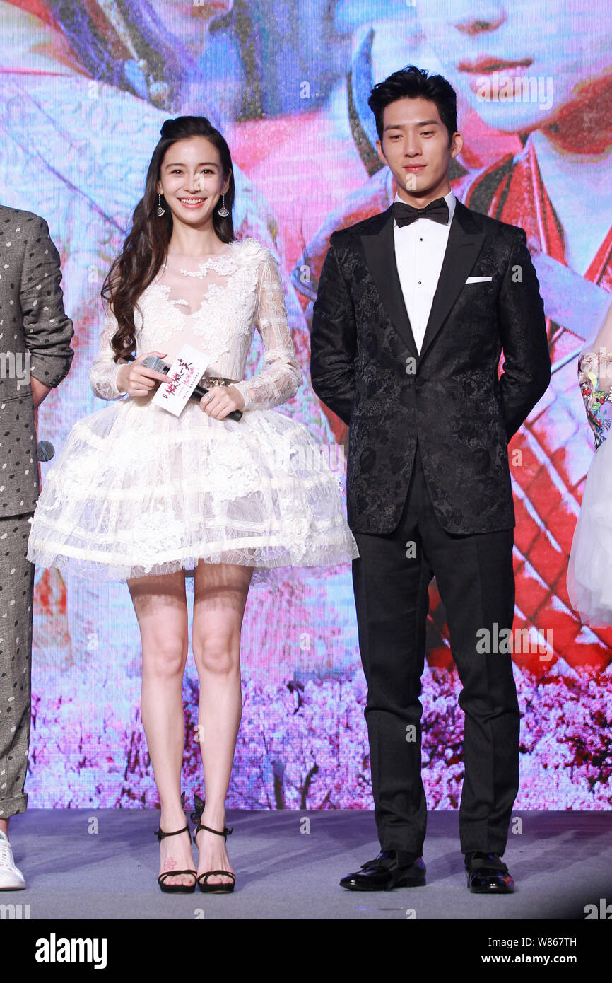 Hong Kong model and actress Angelababy, left, and Chinese actor Jing ...