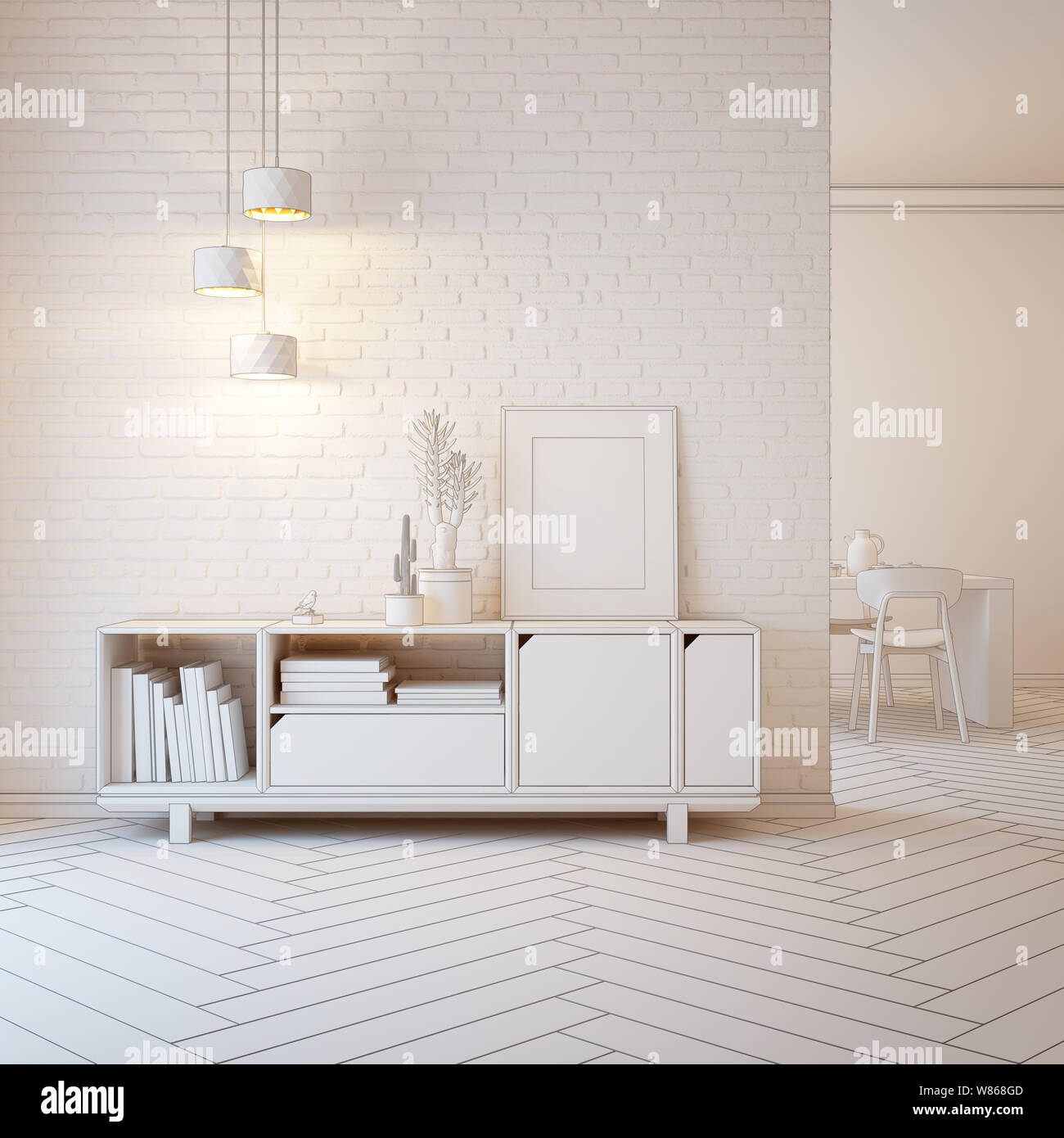 living room interior with wooden sideboard, 3d rendering Stock Photo ...