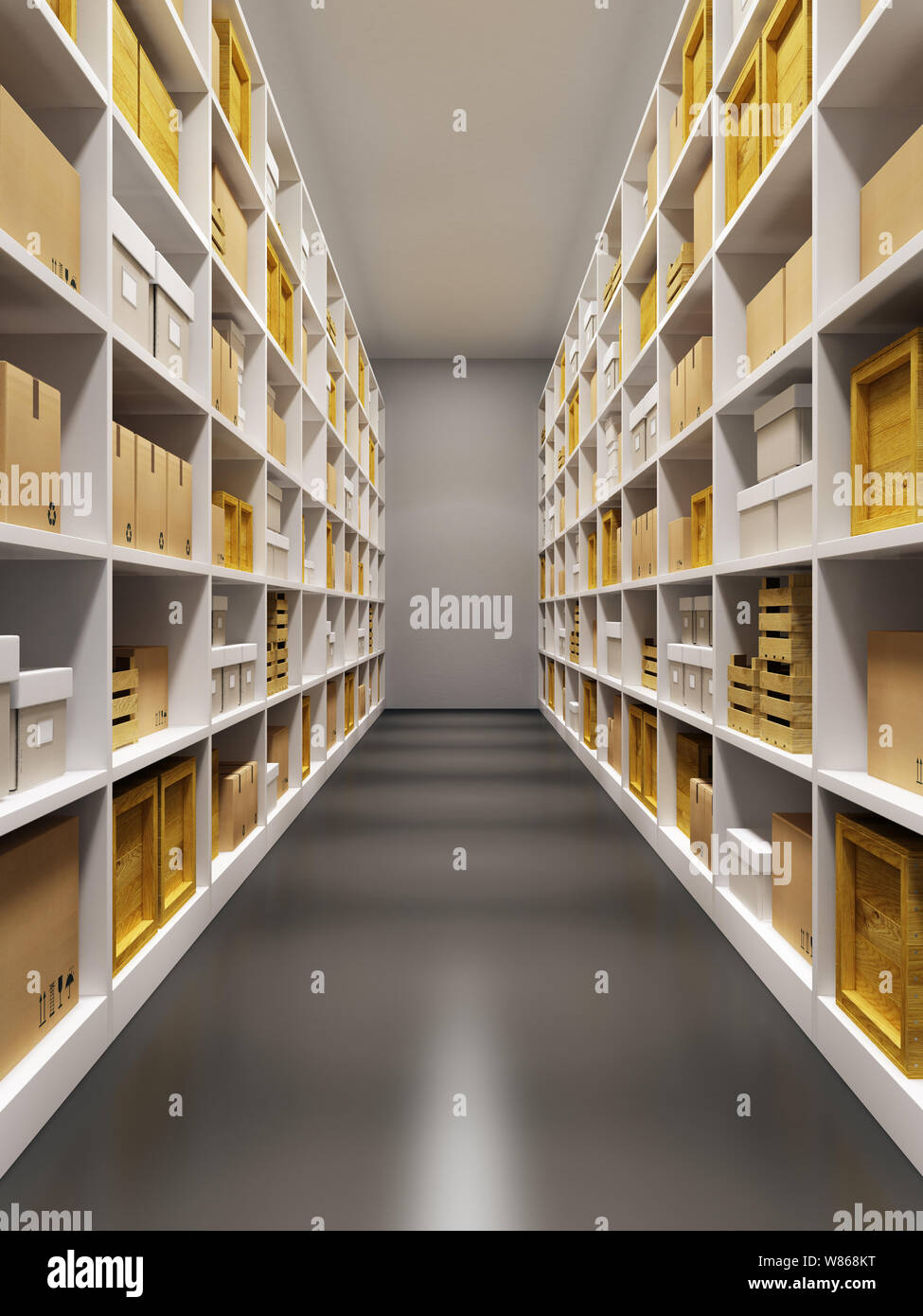 warehouse interior with rows of shelves with boxes Stock Photo - Alamy