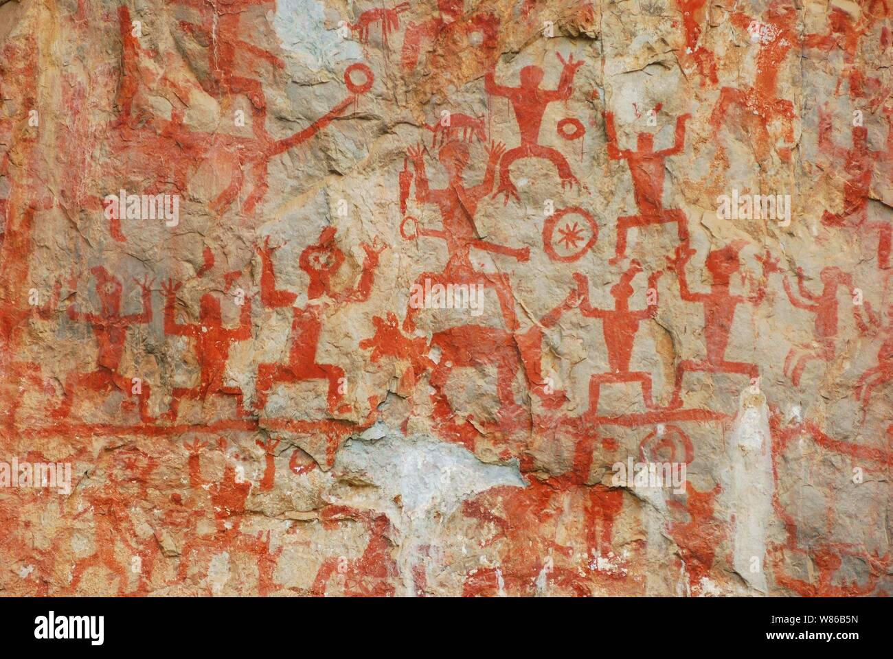 A view of rock paintings on the Huashan Mountain by the Zuojiang River ...