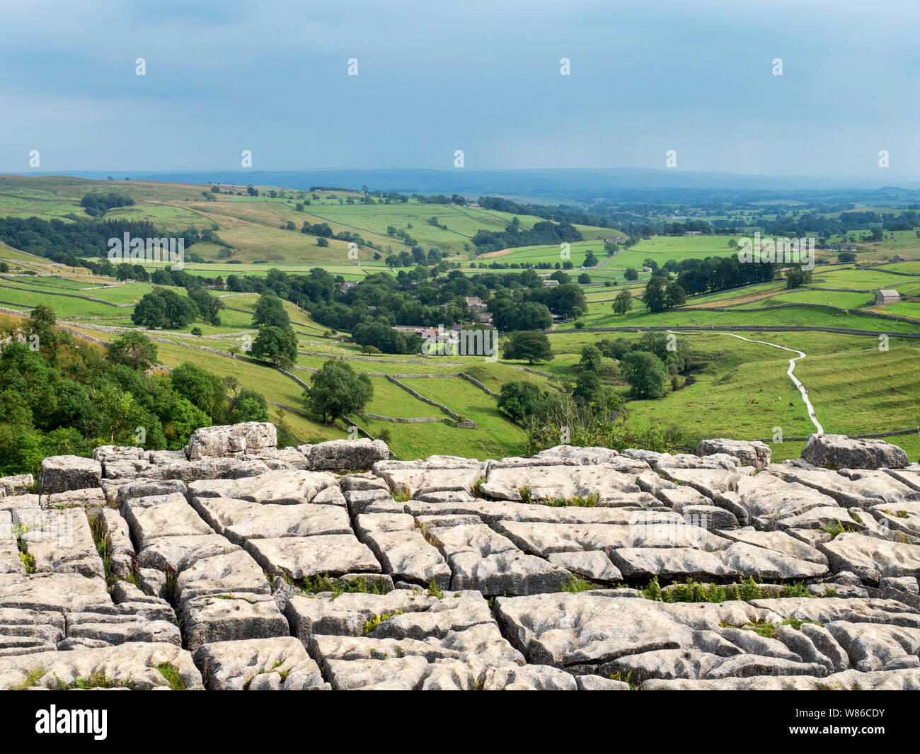 View over malhamdale from the limestone pavement above Malham Cove near ...