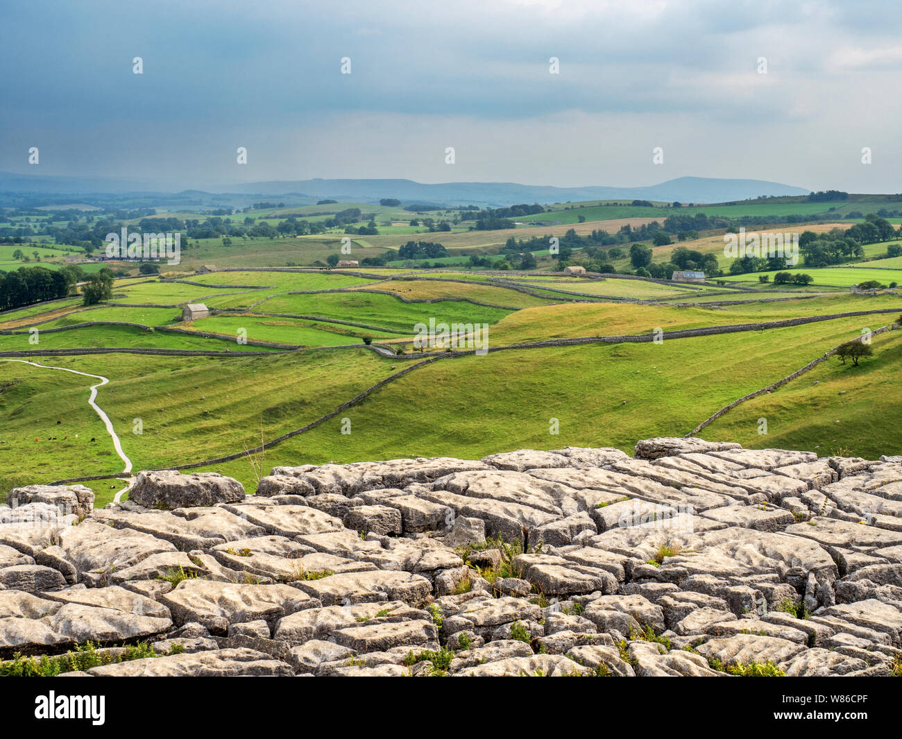 View over malhamdale from the limestone pavement above Malham Cove near ...