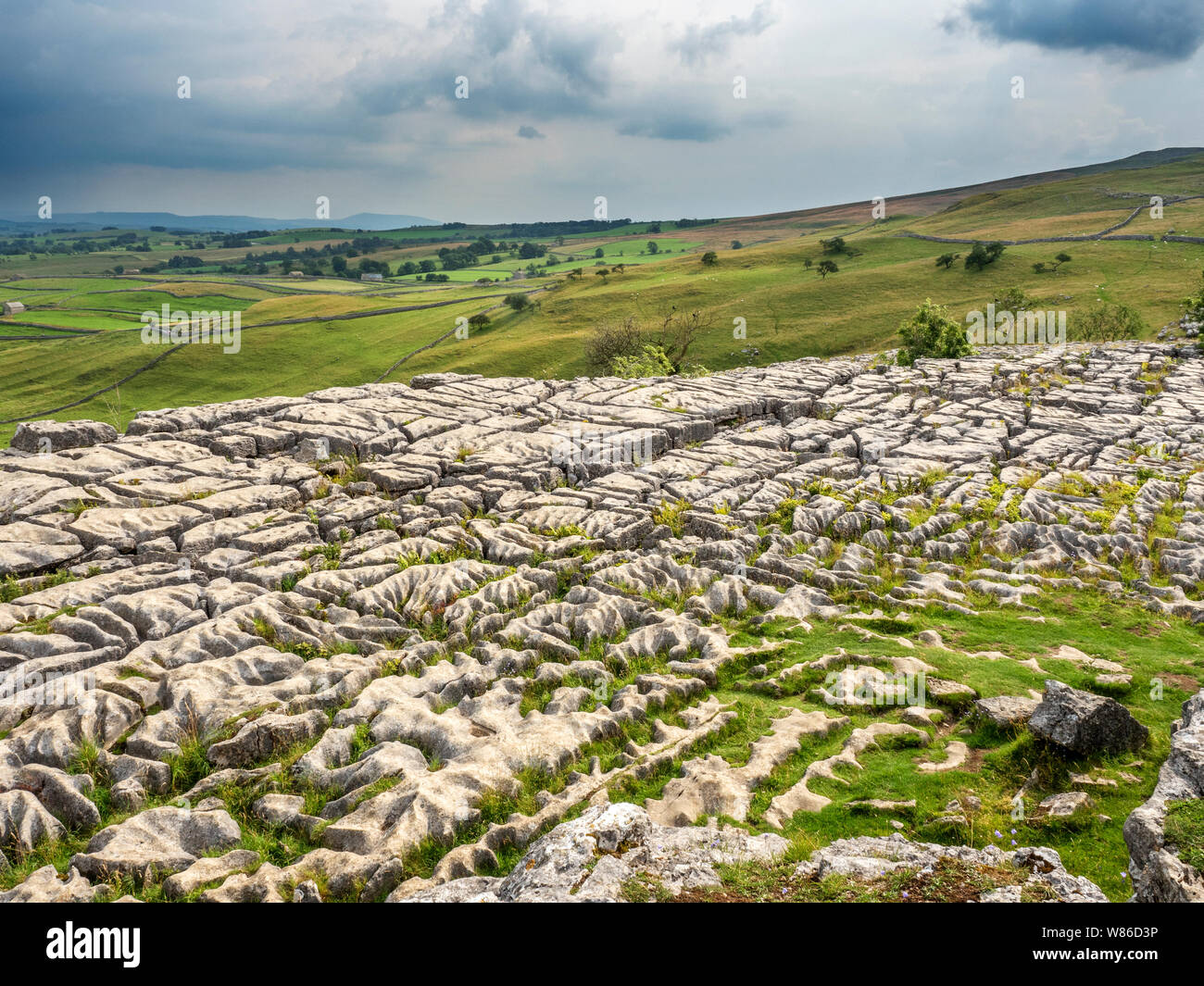 View over malhamdale from the limestone pavement above Malham Cove near ...