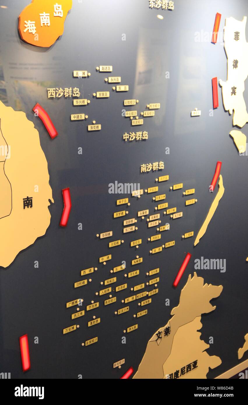 A map of the South China Sea and Nansha Islands is on display at a ...