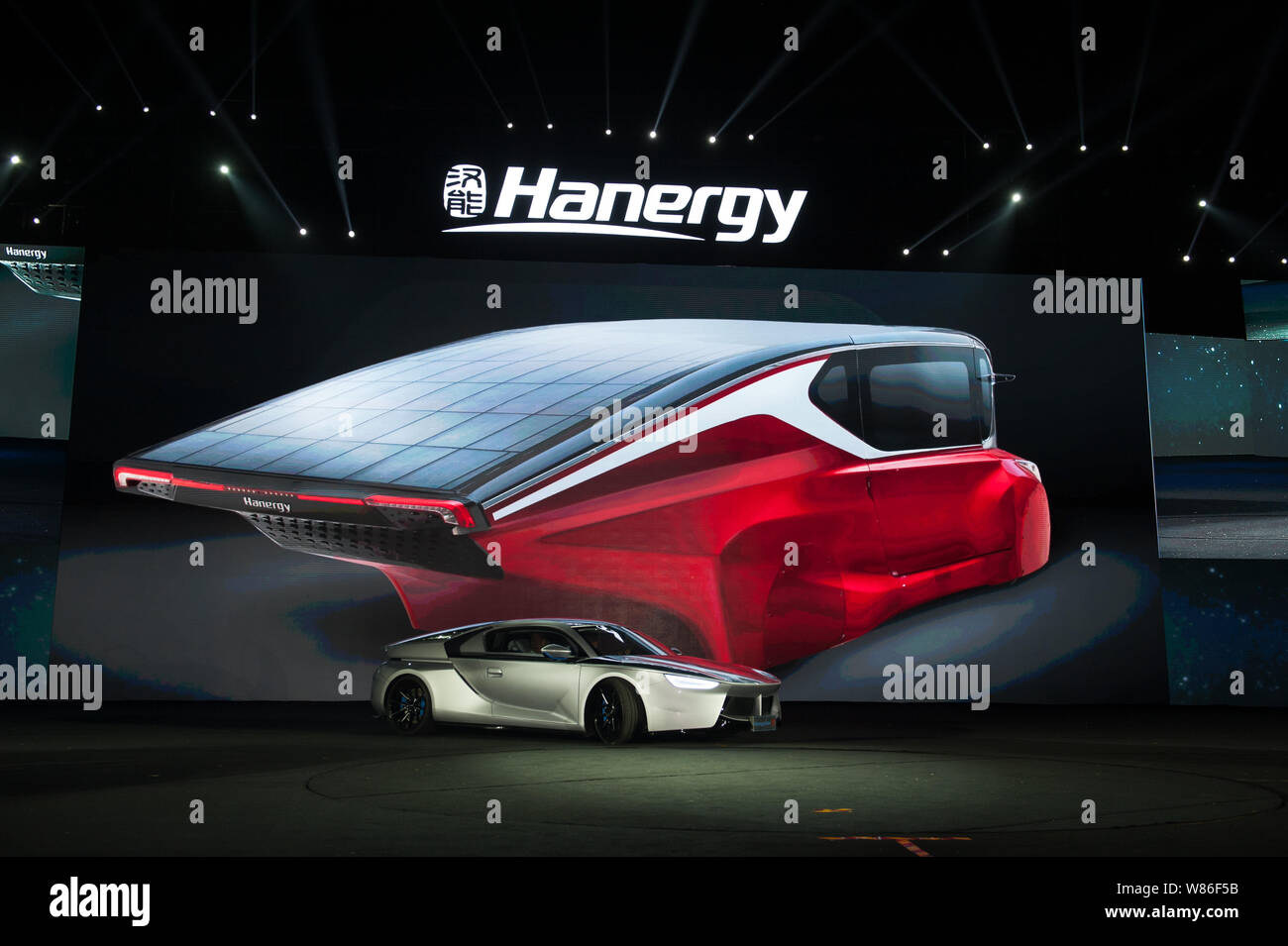 A Hanergy Solar R solar-powered car is on display at a launch event in ...
