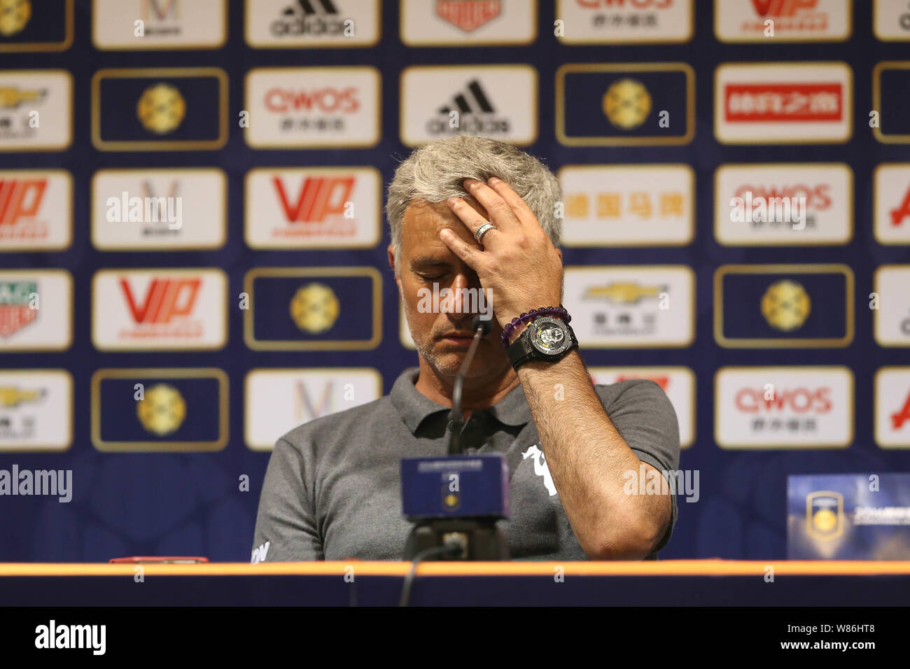 Head coach Jose Mourinho of Manchester United reacts at a press ...