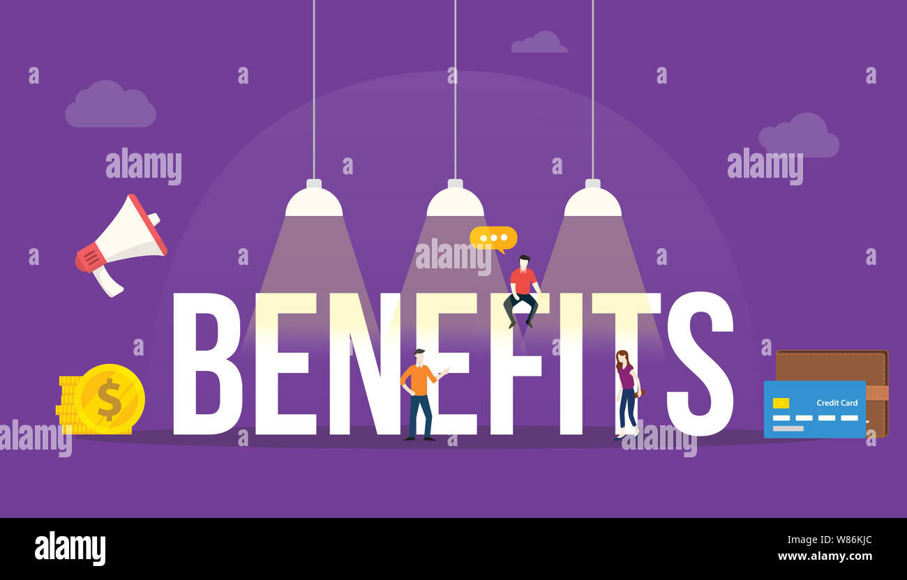 benefits big word or text with team people and money cash with light on ...