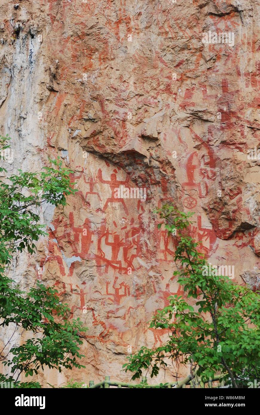 A view of rock paintings on the Huashan Mountain by the Zuojiang River ...
