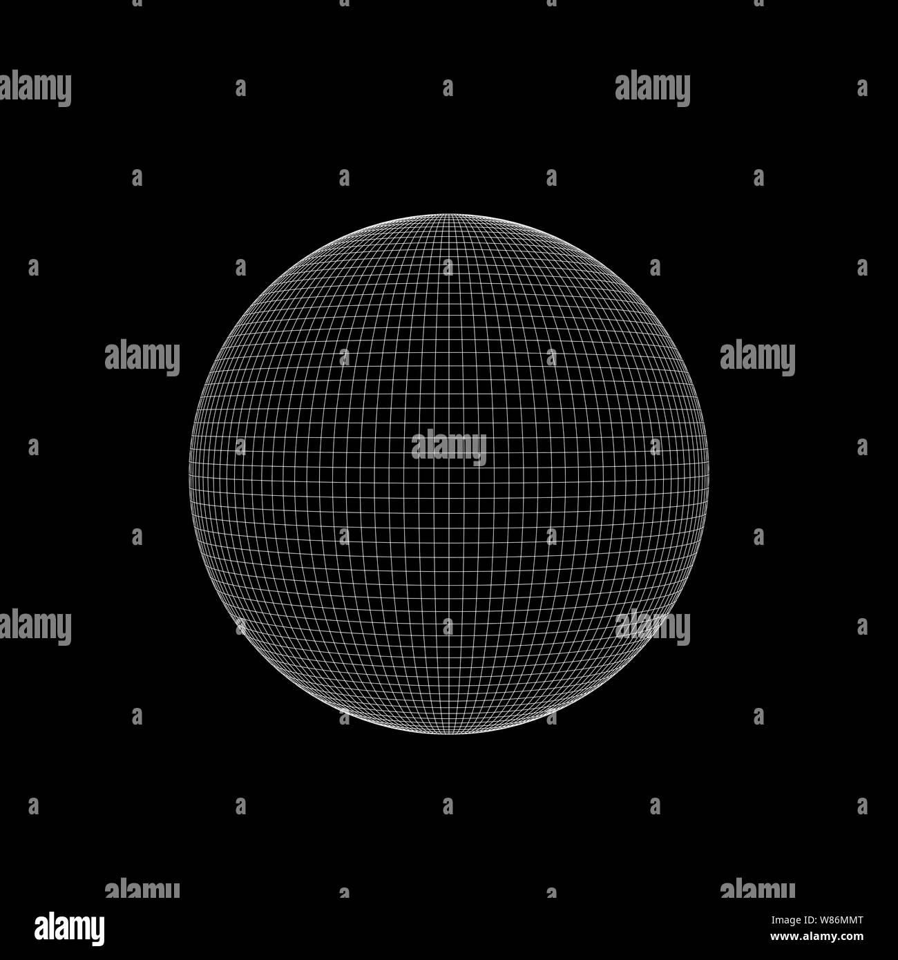 White wire frame sphere isolated on black background, square digital ...