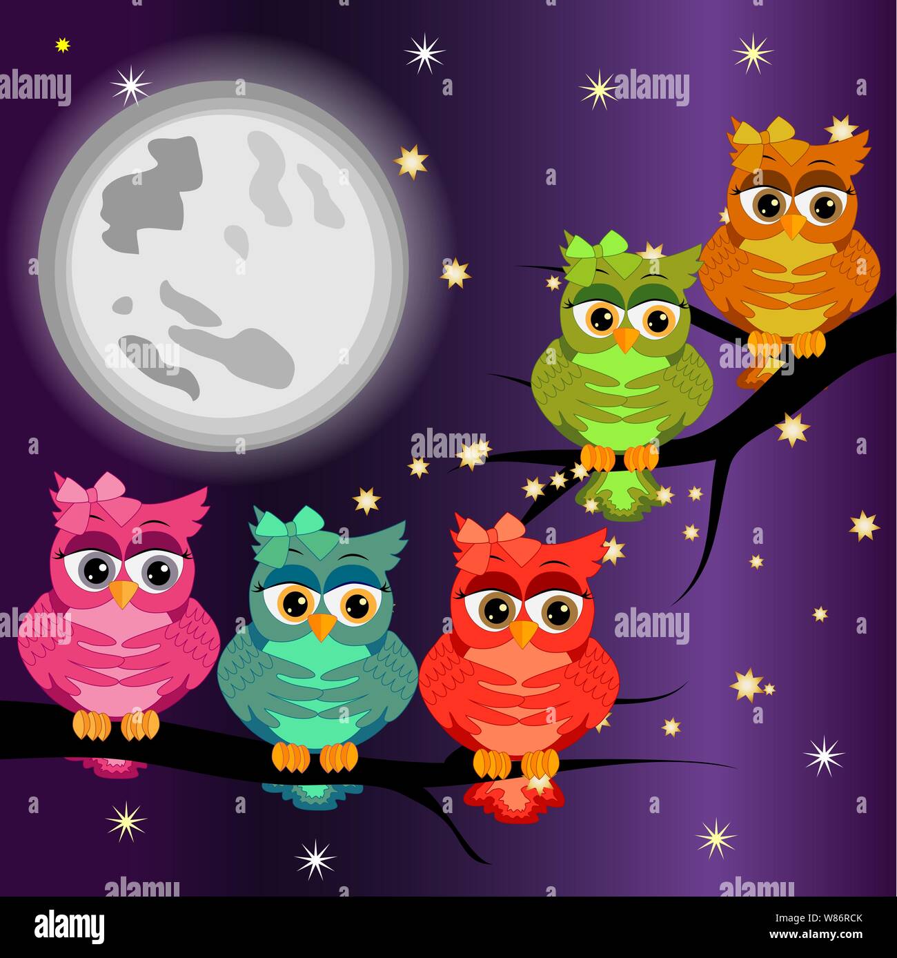 Night landscape with beautiful owls and a full moon Stock Vector Image ...