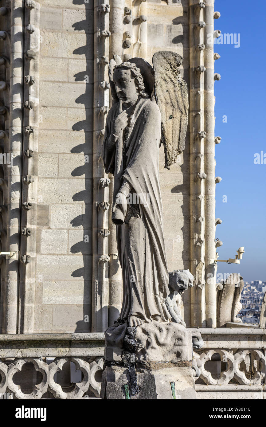 Paris (France): Notre-Dame Cathedral. Statue of an angel on the western ...