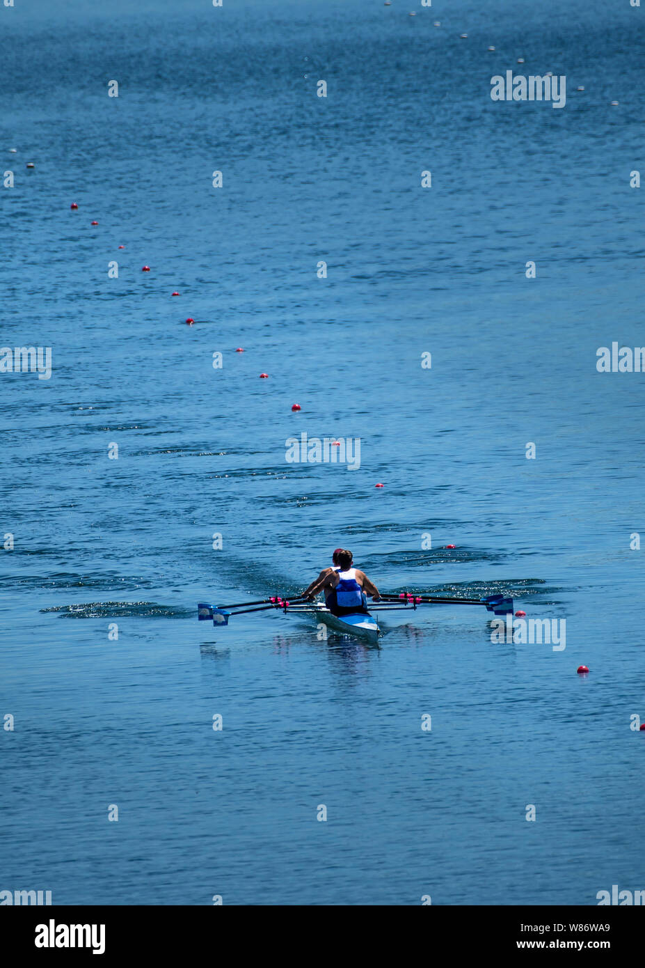 Two Male Rowers In A Double Racing Boat With Synchronous Oar Stroke ...
