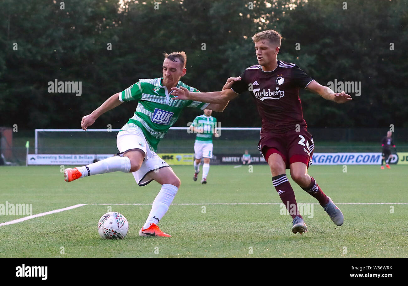 The New Saints' Jamie Mullan (left) and Copenhagen's Carlo Holse battle ...