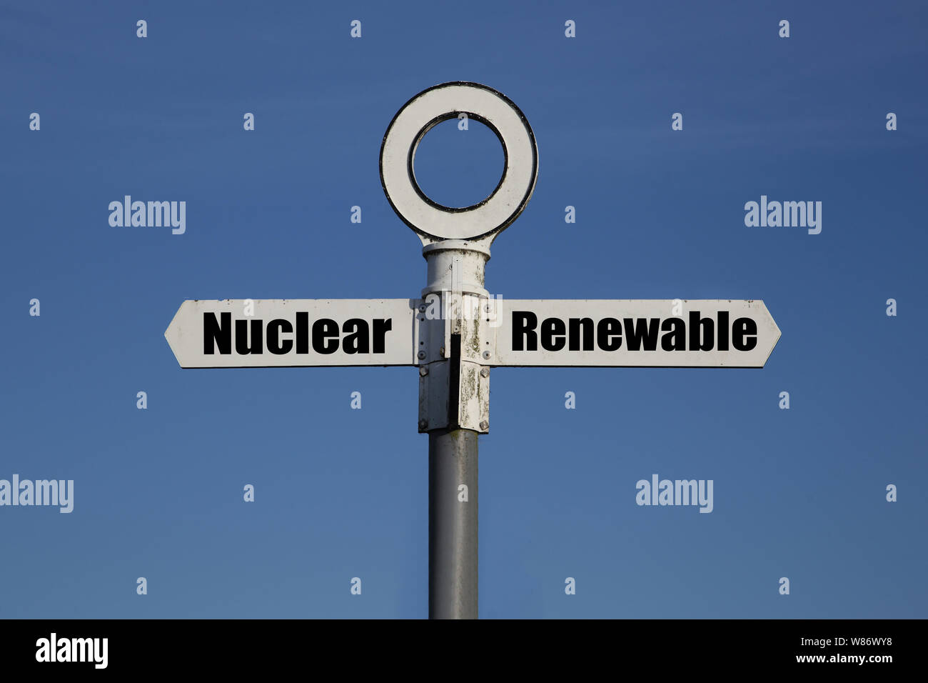 Old road sign with a choice between nuclear and renewable written on ...