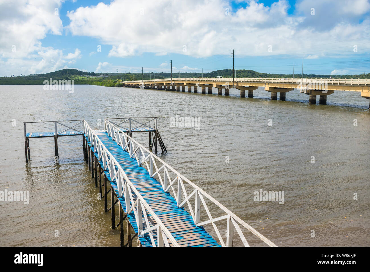 Pier and bridge that connects Itamaraca Island with the mainland over ...