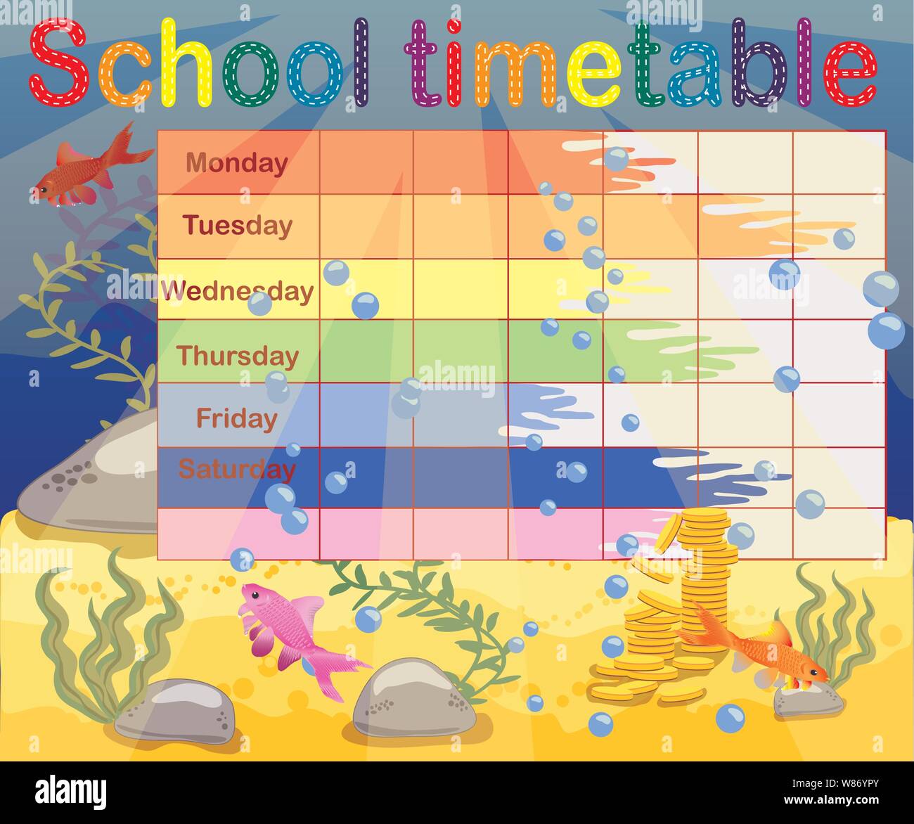 Design of the school timetable for kids. Bright underwater background ...