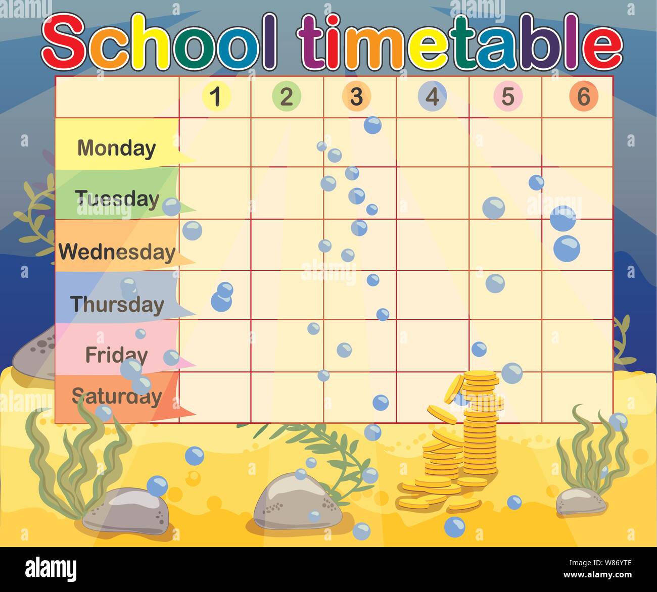 Design of the school timetable for kids. Bright underwater background ...
