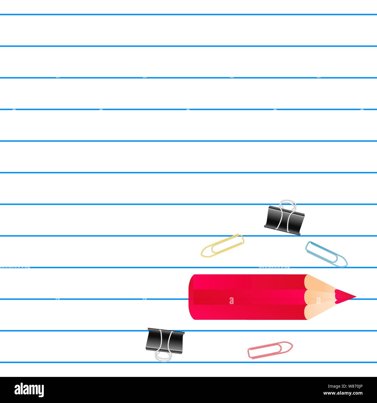 Notebook lined grid paper note, red pencil with quote Welcome back to ...