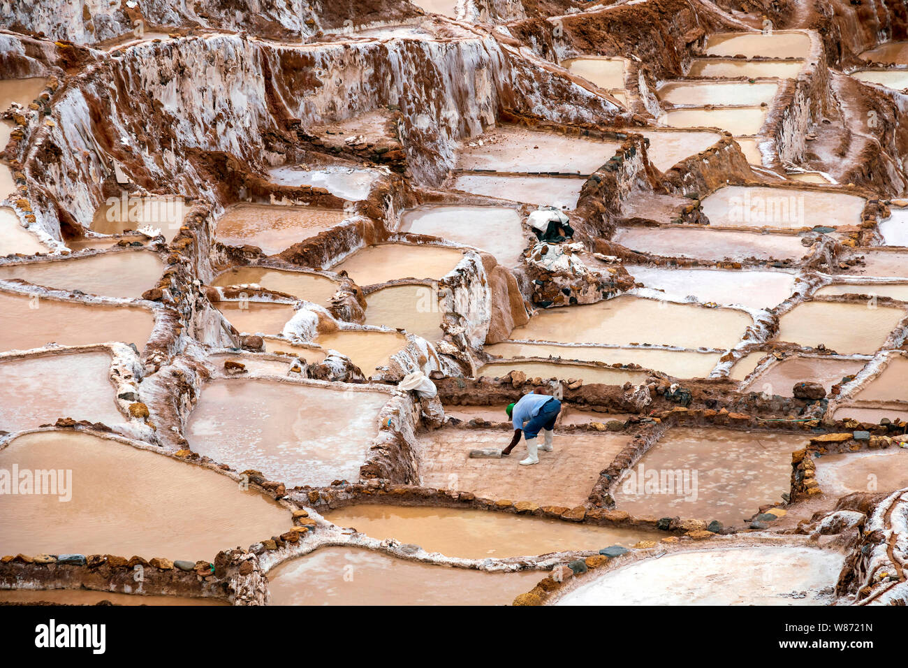 Quechua people working at the traditional inca salt field in Salinas de ...