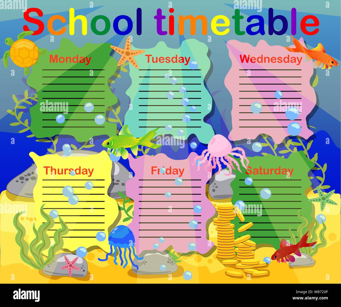 School timetable with marine themes, table, underwater world Stock ...