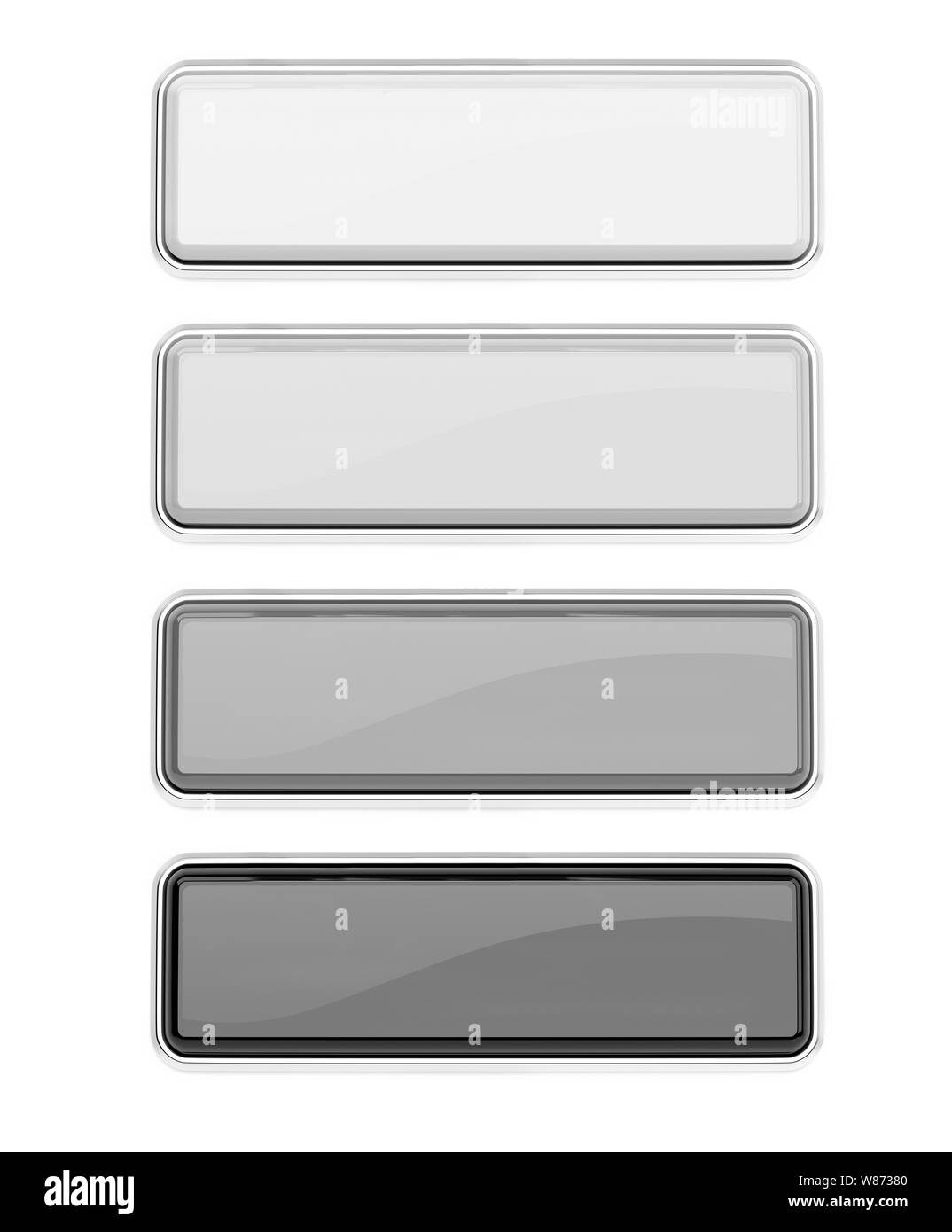 Black and white glass buttons set. Square push buttons with metal frame ...