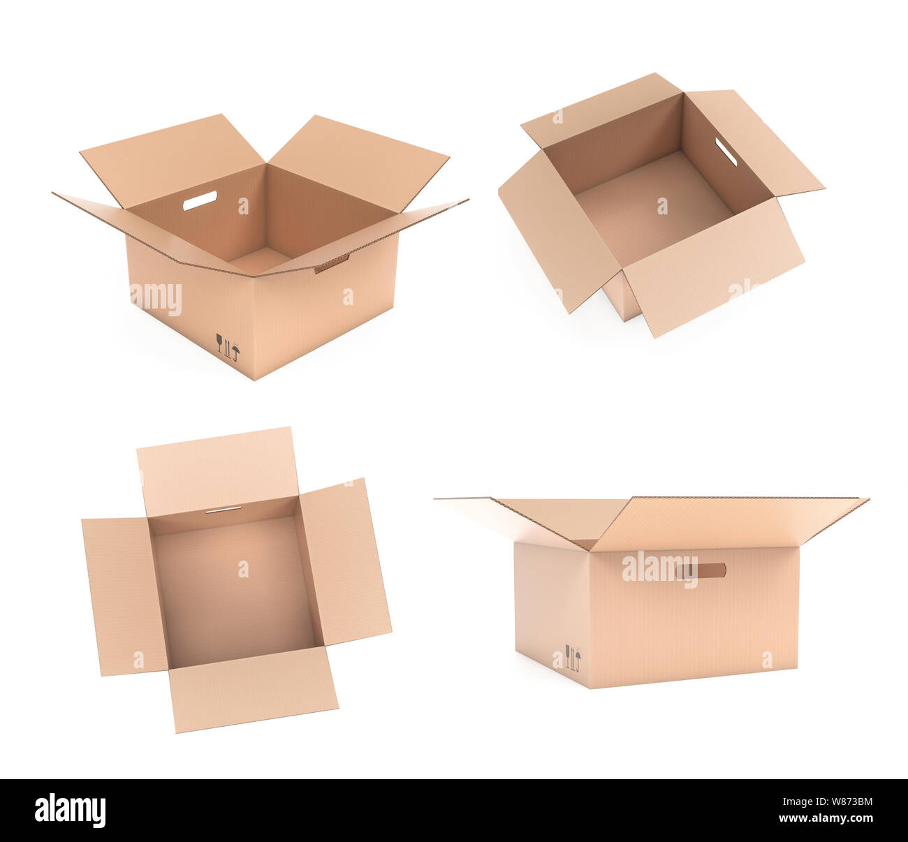 Open corrugated carton box with handle holes. Set. 3d rendering ...