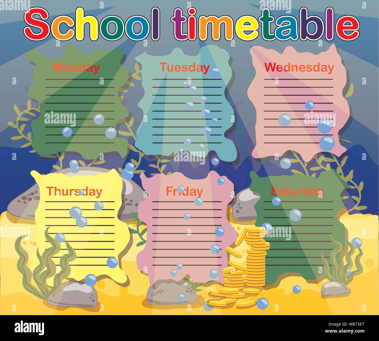 Design of the school timetable for kids. Bright underwater background ...