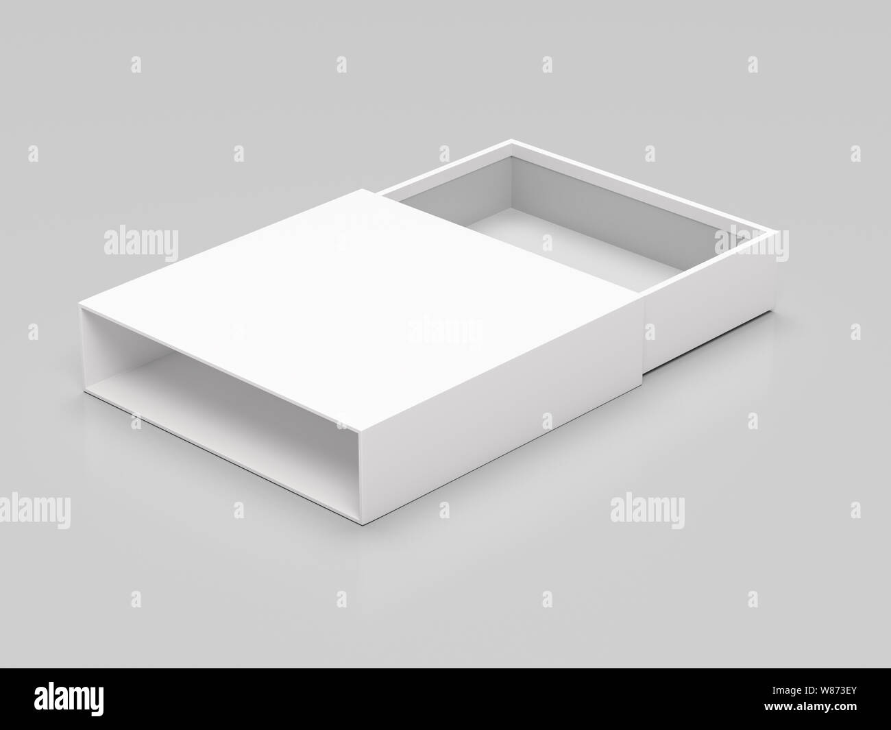 Slider box. White blank open box mock up. On gray background. 3d ...