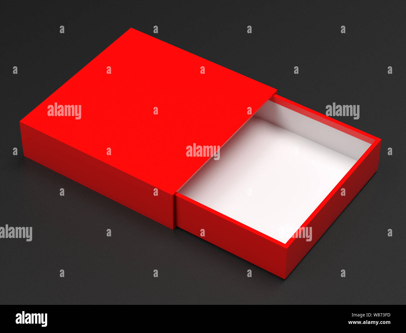 Slider box. Red blank open box mock up. On black background. 3d ...