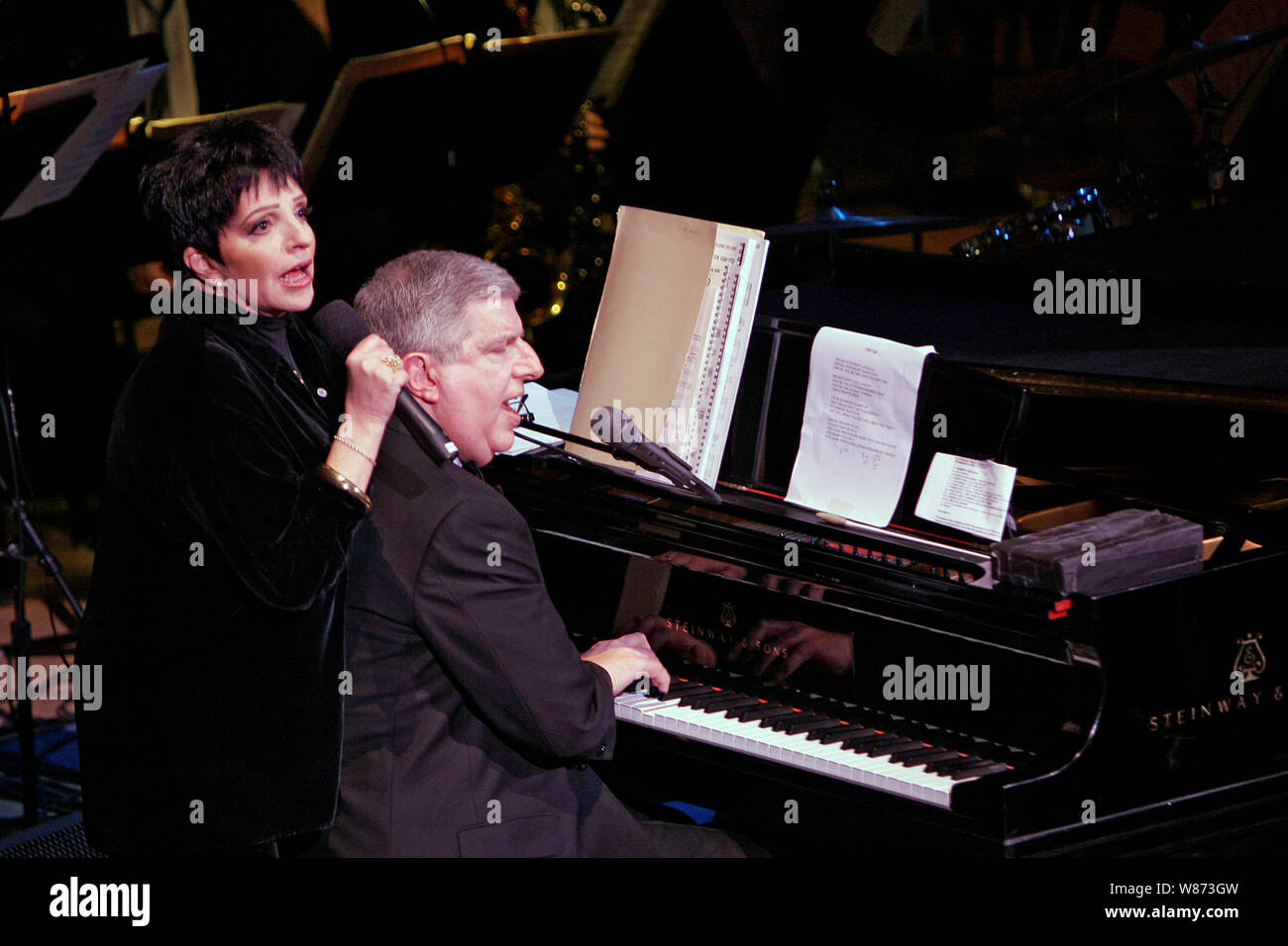Liza Minelli sings accompanied by Marvin Hamlisch at a benefit concert ...