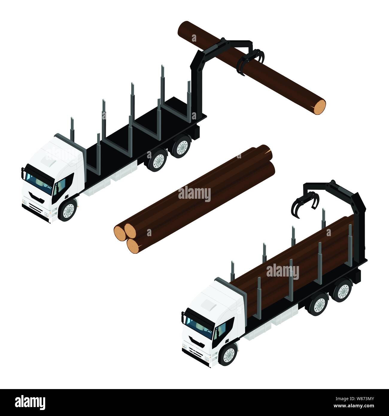 Realistic high detail logging truck loading wood logs isometric view ...