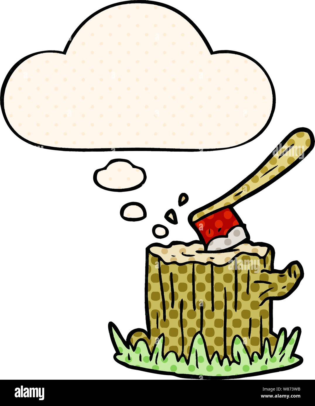 cartoon axe in tree stump with thought bubble in comic book style Stock ...