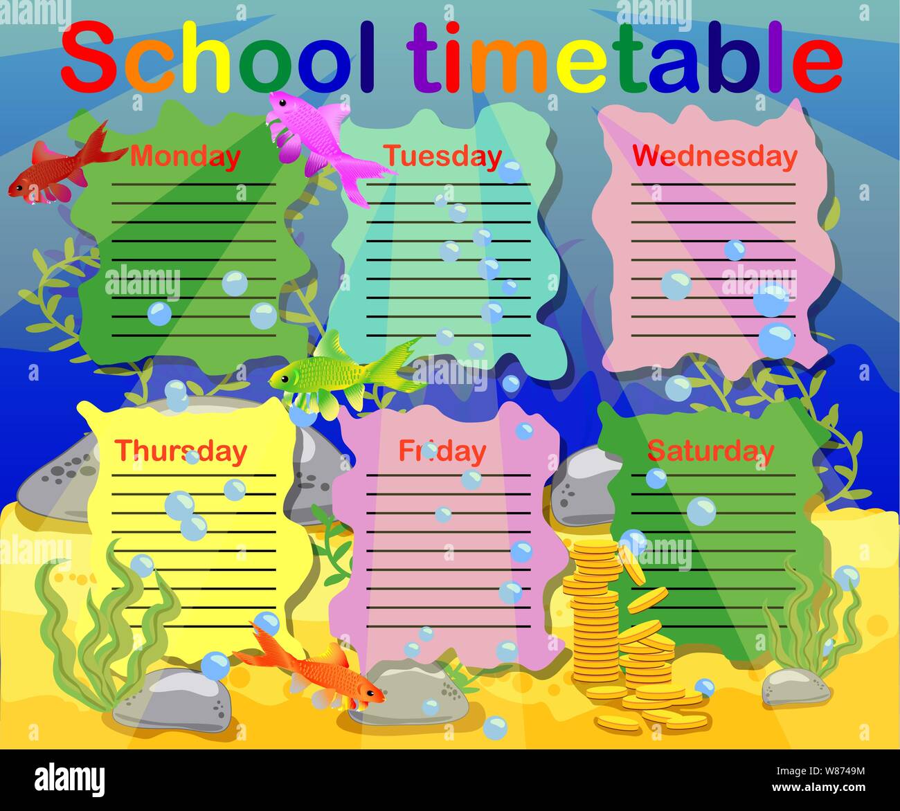School timetable with marine themes, table, underwater world Stock ...