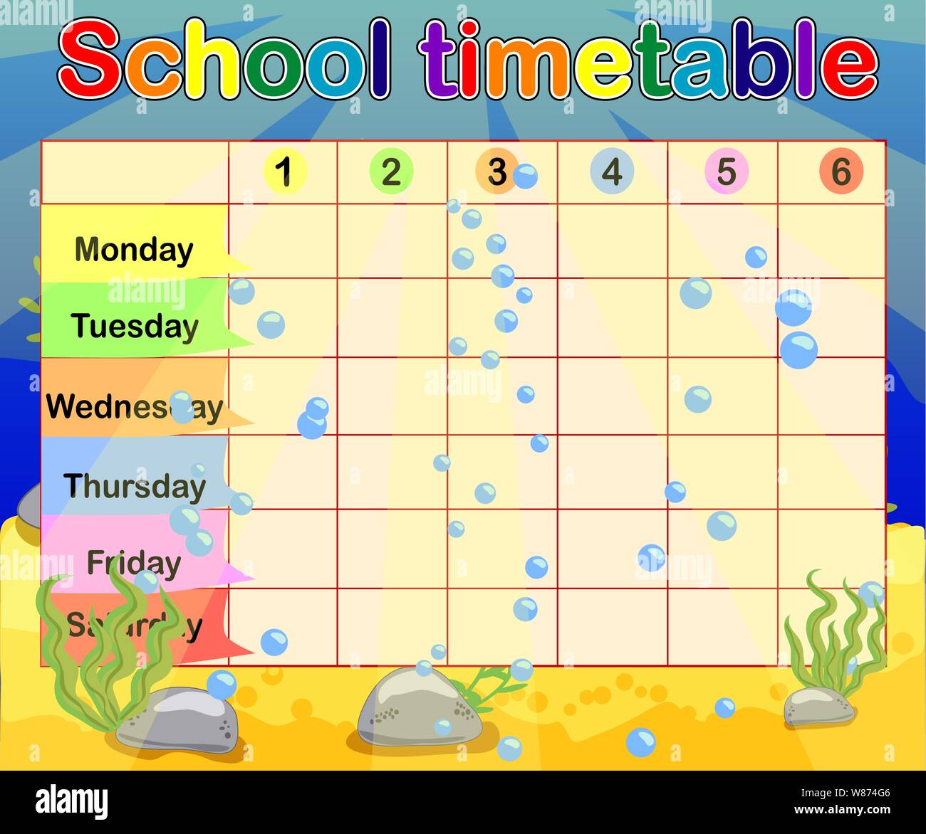 School timetable with marine themes, table, underwater world Stock ...
