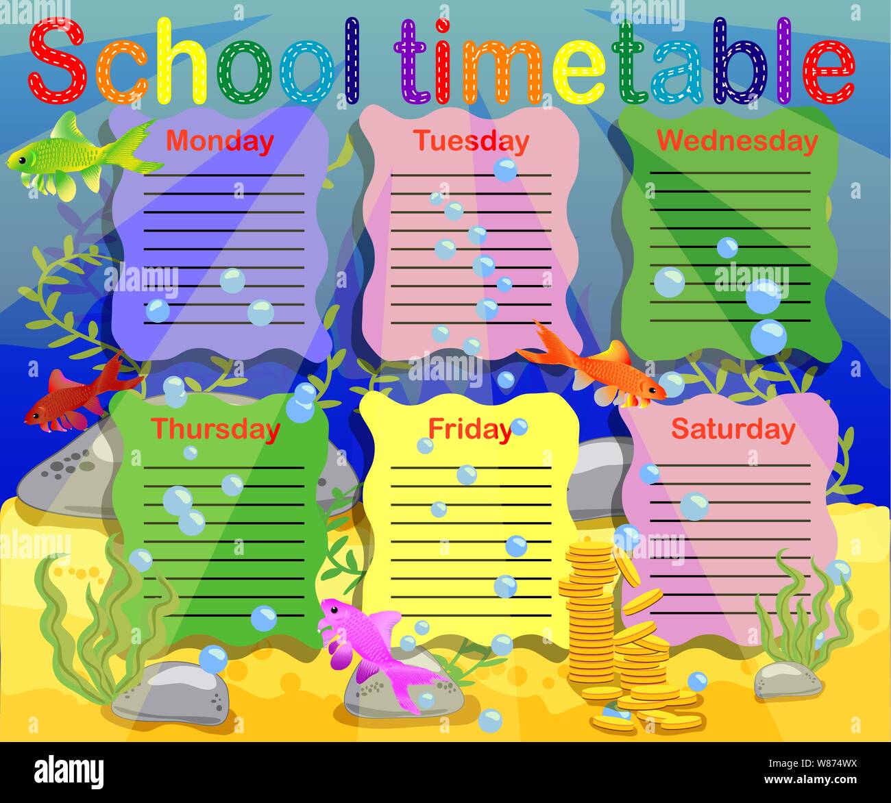 Design of the school timetable for kids. Bright underwater background ...